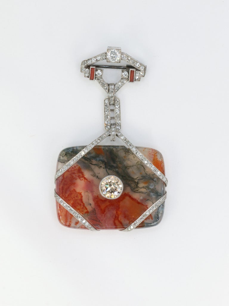 Gold, Agate, Coral and Diamond Art Deco Brooch For Sale at 1stDibs