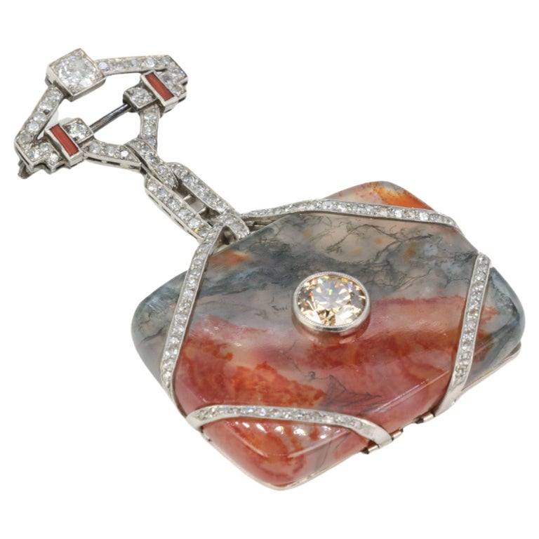 Gold, Agate, Coral and Diamond Art Deco Brooch For Sale at 1stDibs