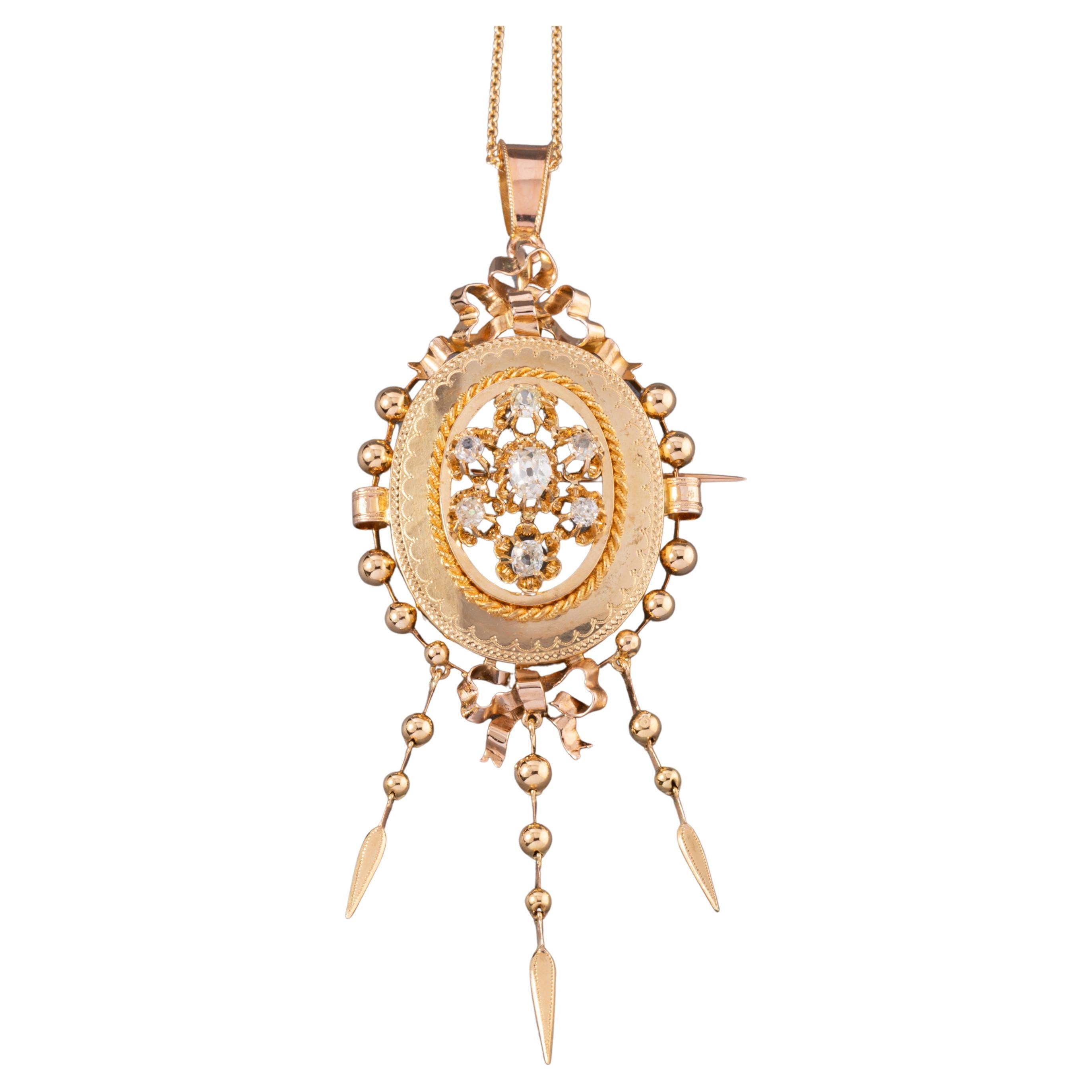 Gold and Diamonds French Pendant Necklace For Sale at 1stDibs