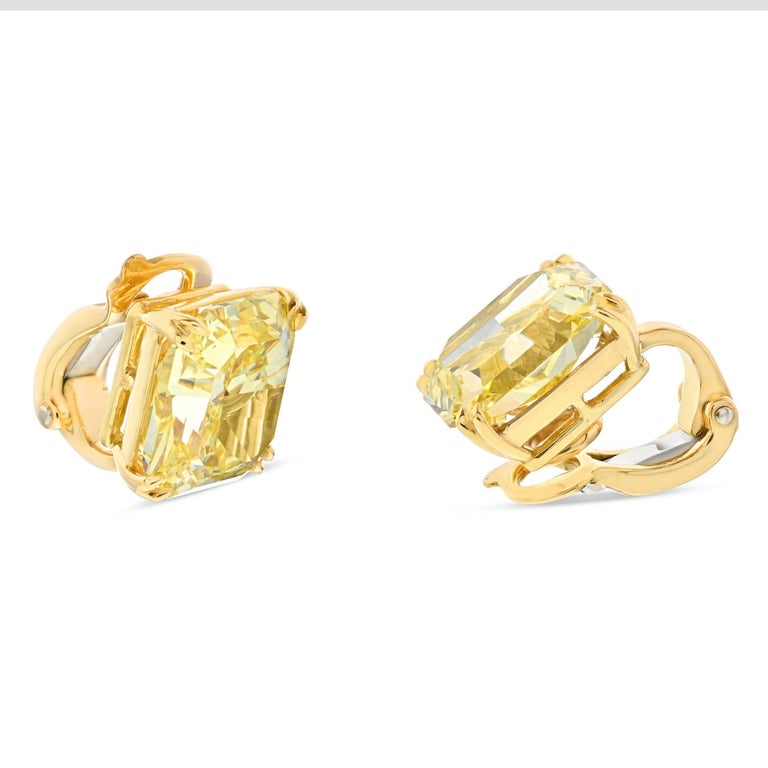 Gold and 12.09ct Radiant Cut Fancy Intense Yellow Diamond Stud Earrings ...