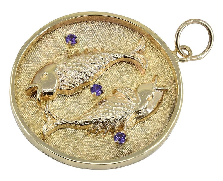 Gold and Amethyst Pisces Charm/Pendant at 1stDibs | pisces gold charm