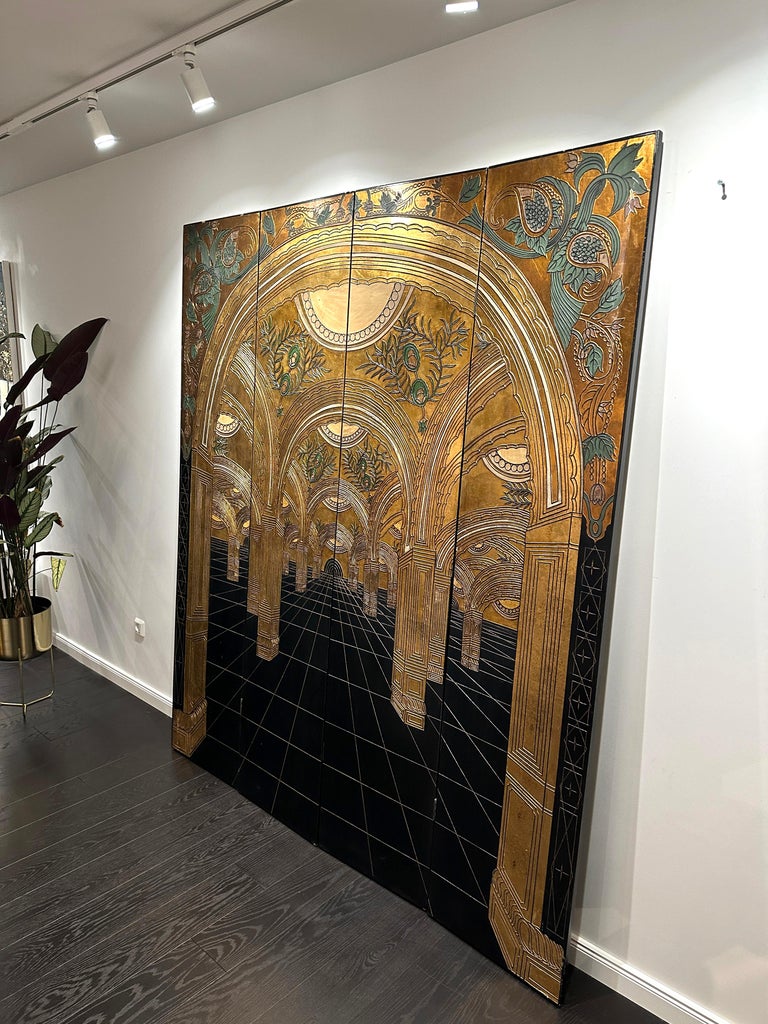 Gold and Black Art Nouveau / Art Deco Paravant 20th Century Wood and ...