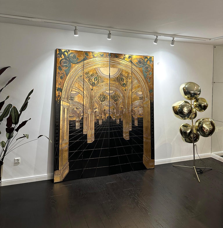 Gold and Black Art Nouveau / Art Deco Paravant 20th Century Wood and ...