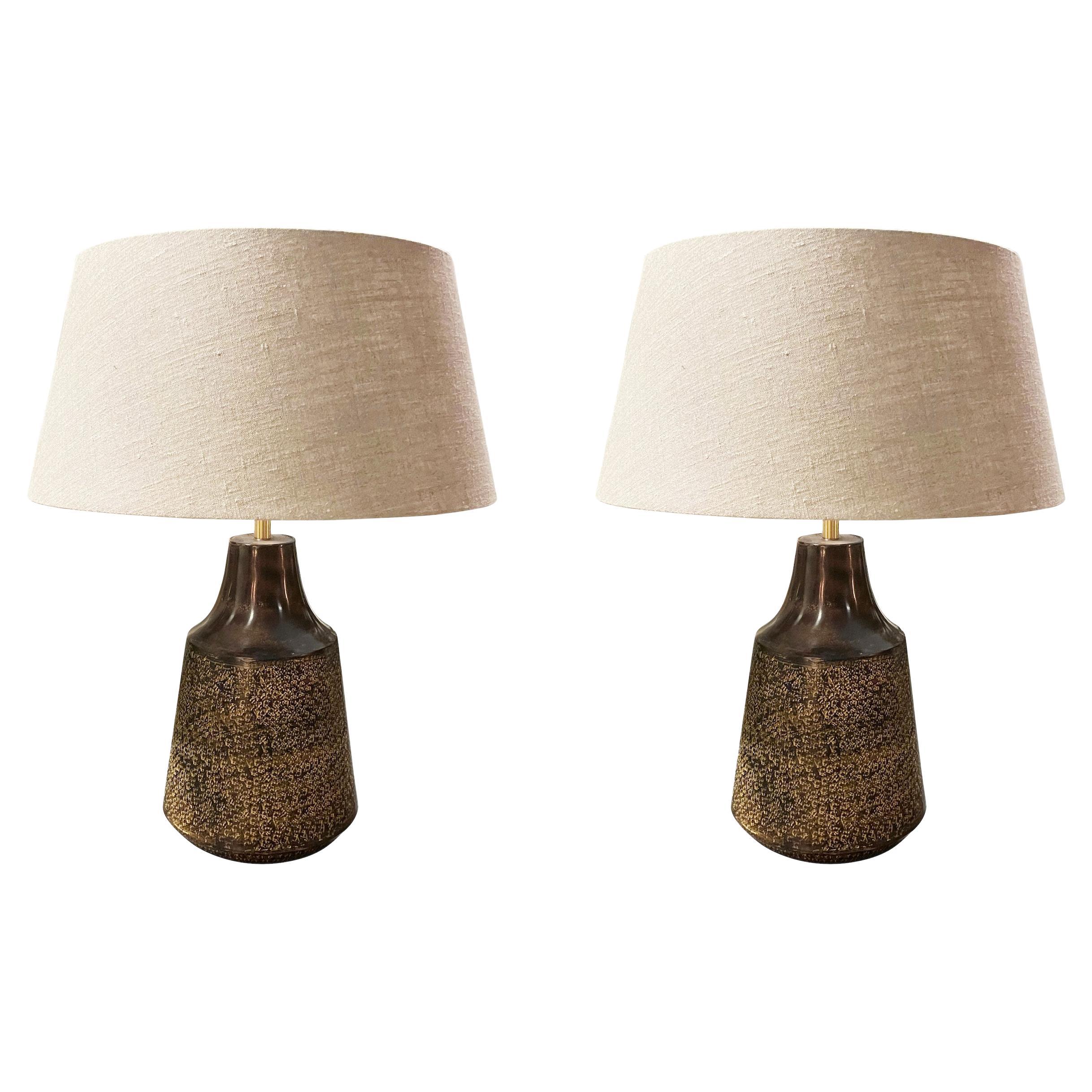 Gold And Brown Textured Metal Pair Table Lamps With Shades, Indonesia ...