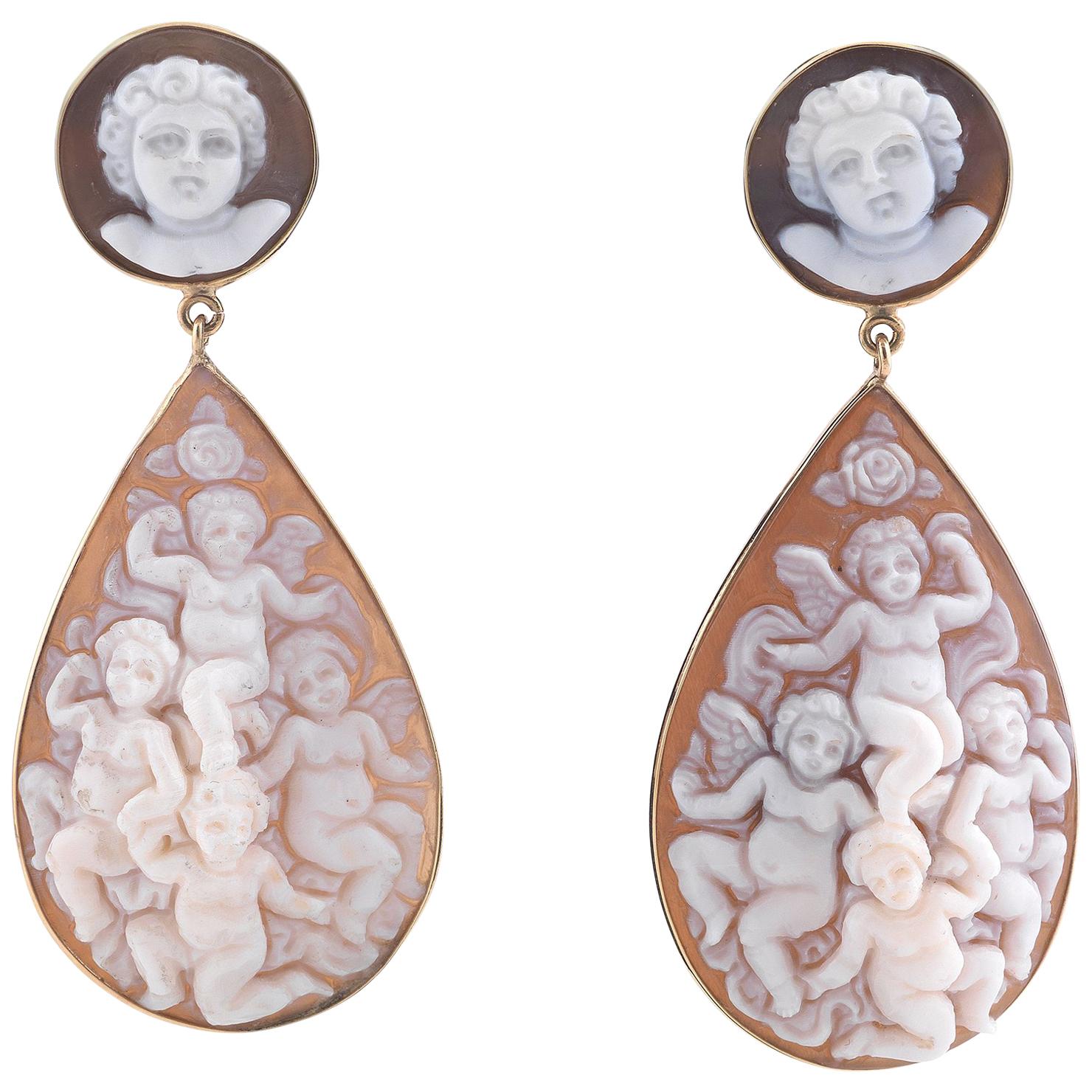 Italian Lyre Cameo on Shell Crystal Dangling Earrings at 1stDibs