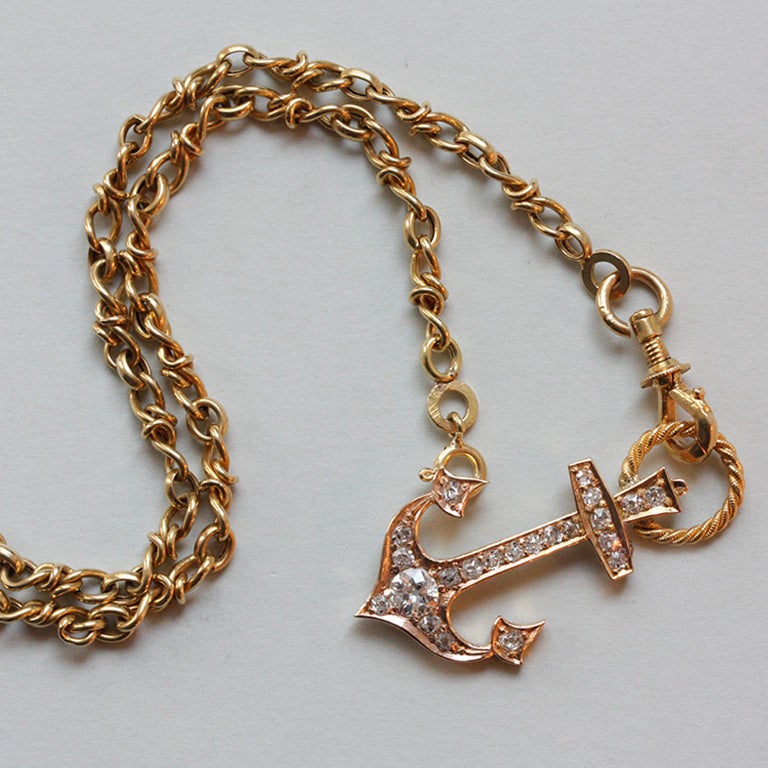 Gold and Diamond Anchor Pendant and Chain at 1stDibs