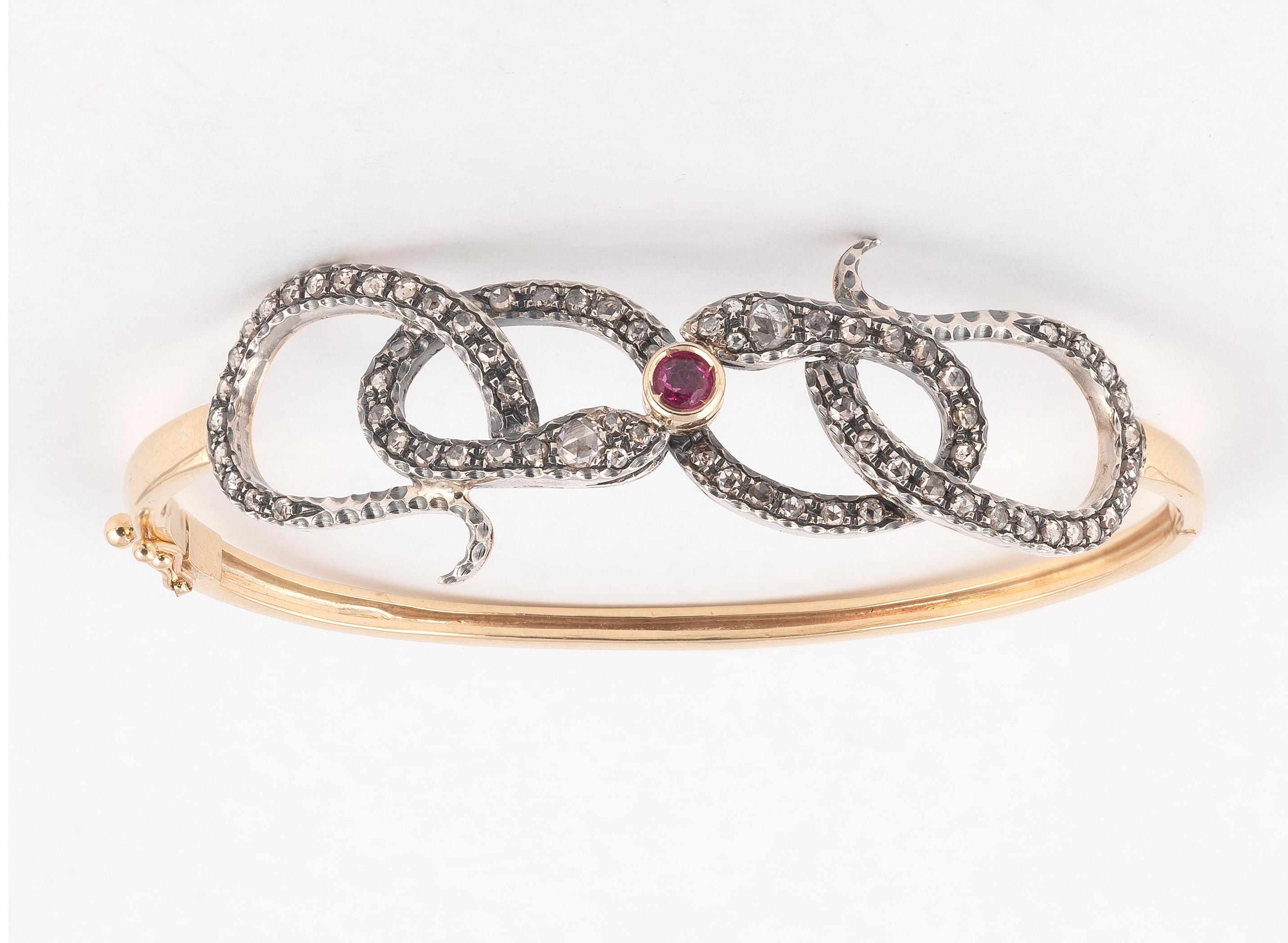 Gold and Diamond Bangle Snake Bracelet at 1stDibs