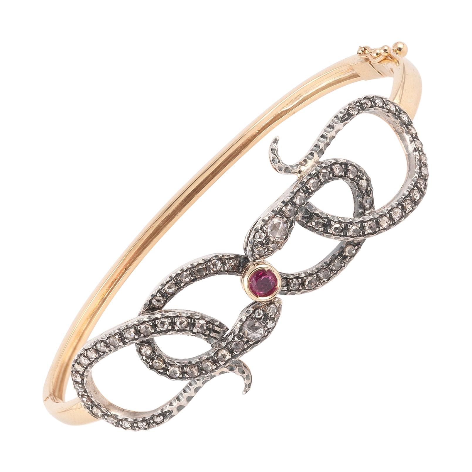 Gold and Diamond Bangle Snake Bracelet at 1stDibs