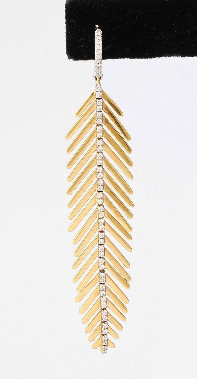 Gold and Diamond Feather Earrings For Sale at 1stDibs