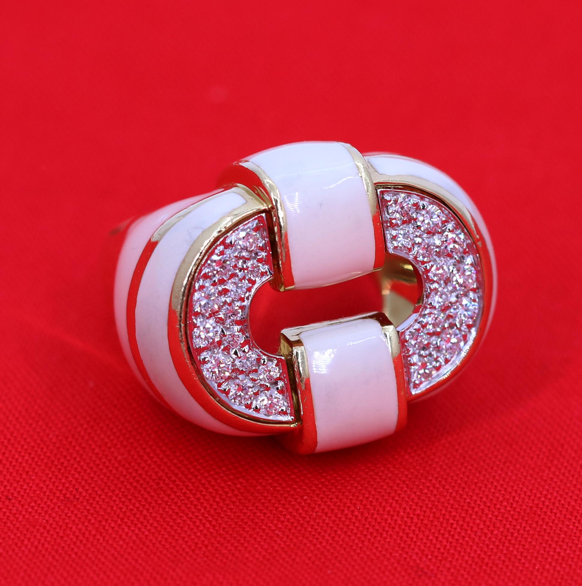 Gold and Diamond Ring with Cream Colored Enamel For Sale at 1stDibs