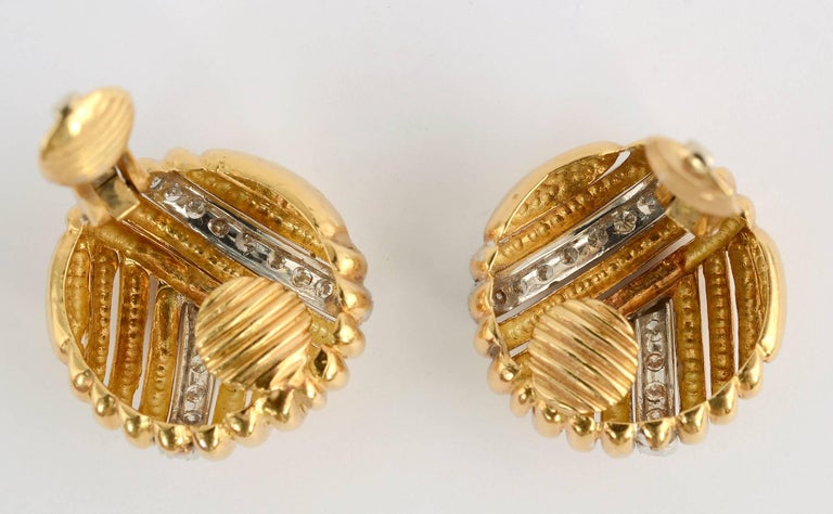 Gold and Diamond Round Ear Clips For Sale at 1stDibs