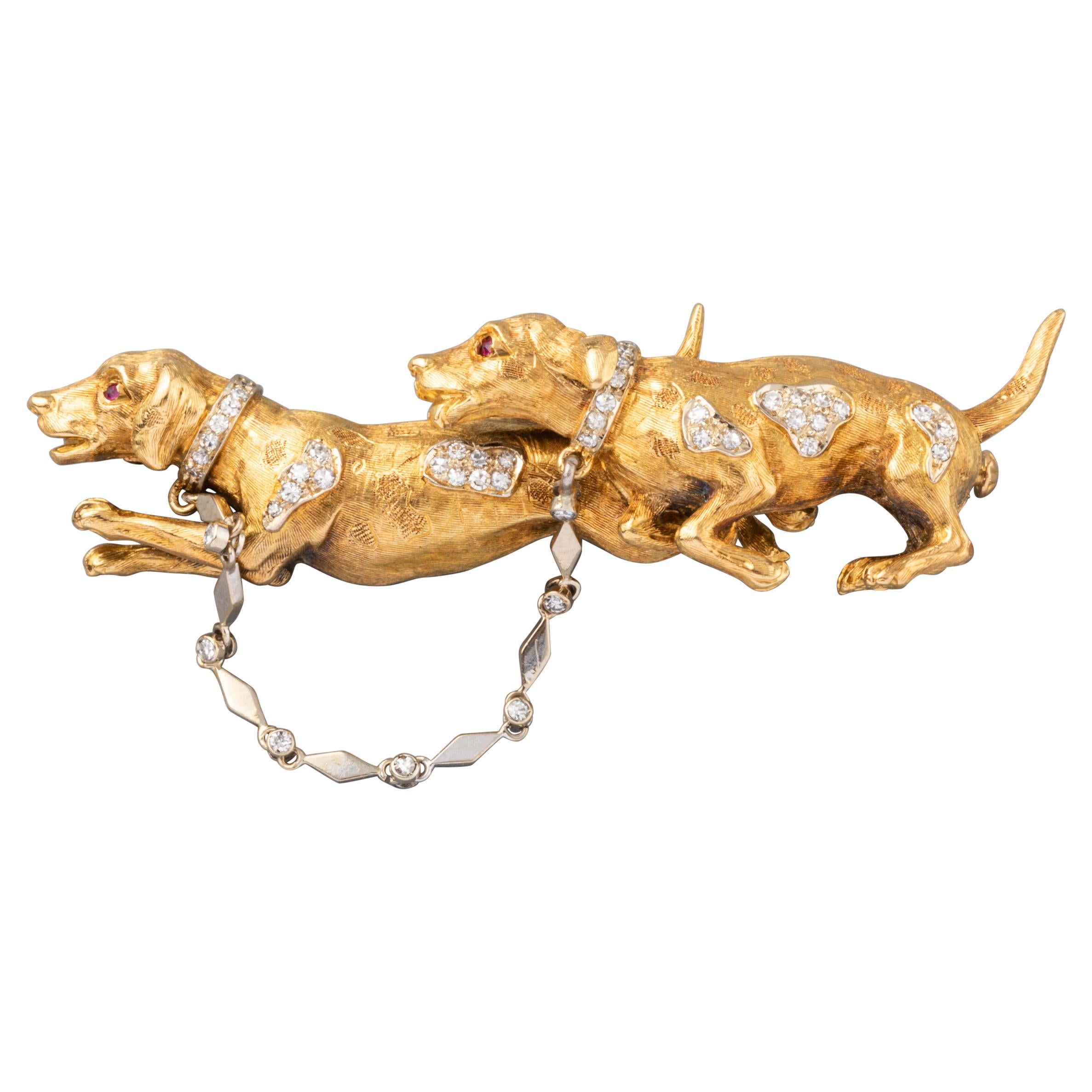 Gold and Diamonds European Vintage Dogs Brooch at 1stDibs