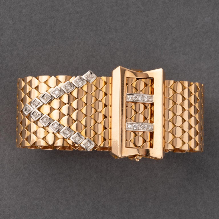 Gold and Diamonds French Vintage Belt Bracelet For Sale at 1stDibs