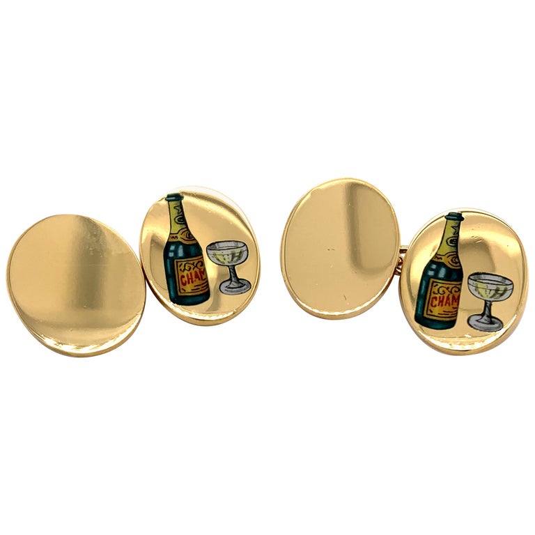 Gold and Enamel Deakin and Francis Champagne Cufflinks For Sale at 1stDibs