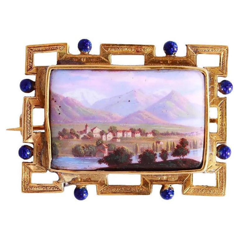 Gold And Enamel Miniature Swiss Landscape Brooch For Sale at 1stDibs