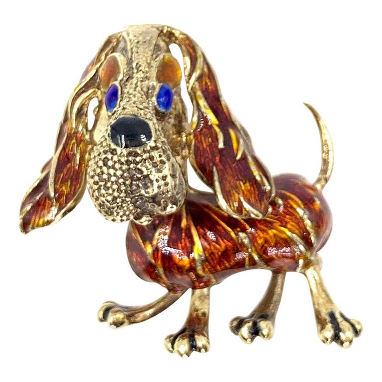 Gold and Enamel Spaniel Dog Brooch at 1stDibs