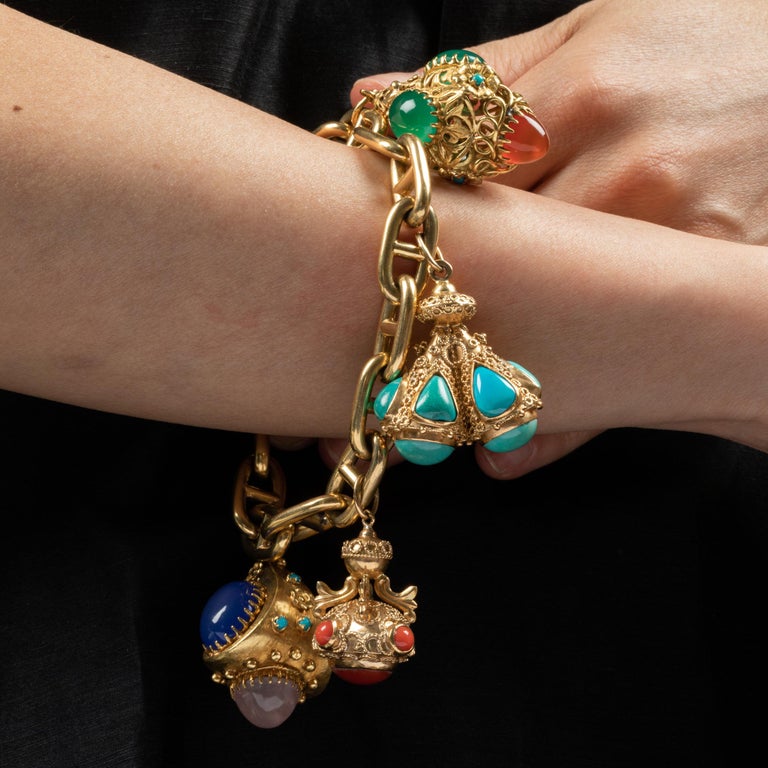 Gold and Fine Gemstones Vintage Charms Bracelet For Sale at 1stDibs