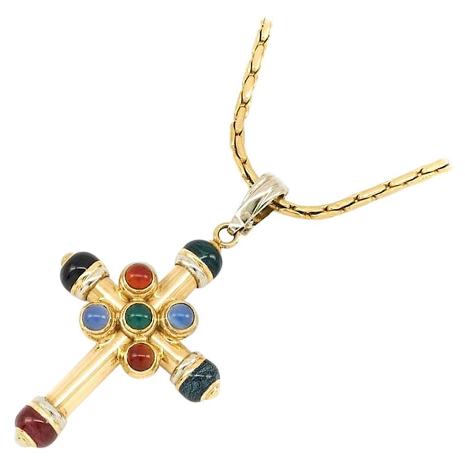 Gold and Gemstone Cross on Chain at 1stDibs