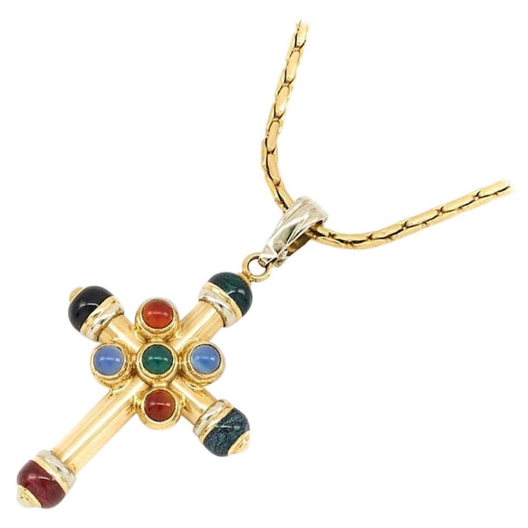 Gold and Gemstone Cross on Chain at 1stDibs