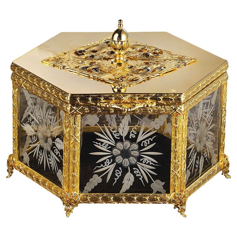 Gold and Glass Hexagonal Box with Lid For Sale at 1stDibs