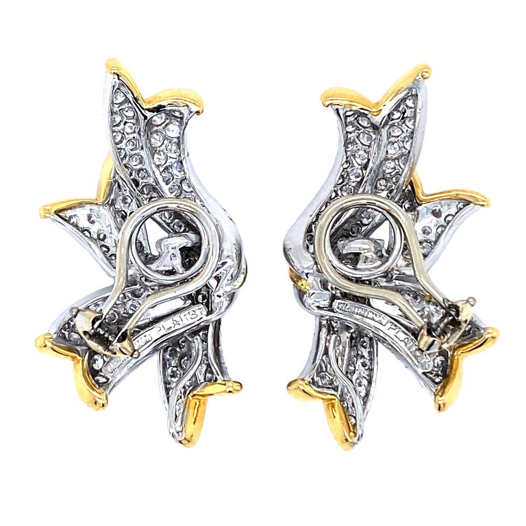 Gold and Platinum Diamond Flame Earrings For Sale at 1stDibs
