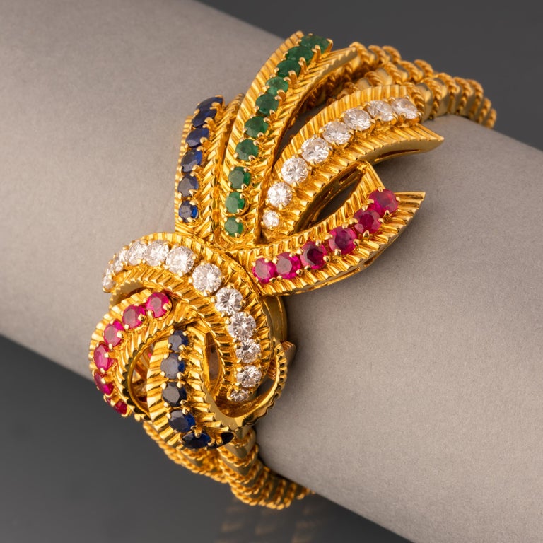 Gold and Precious Stones French Vintage Bracelet For Sale at 1stDibs