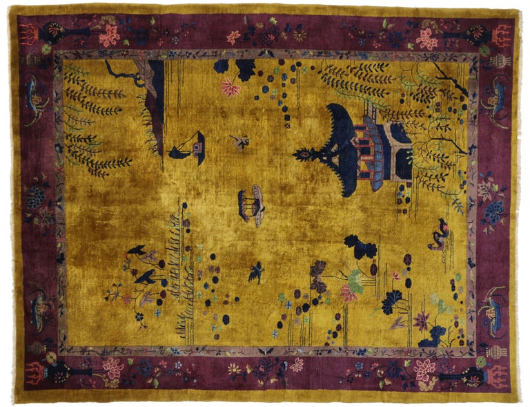 Gold and Purple Antique Chinese Art Deco Rug at 1stDibs