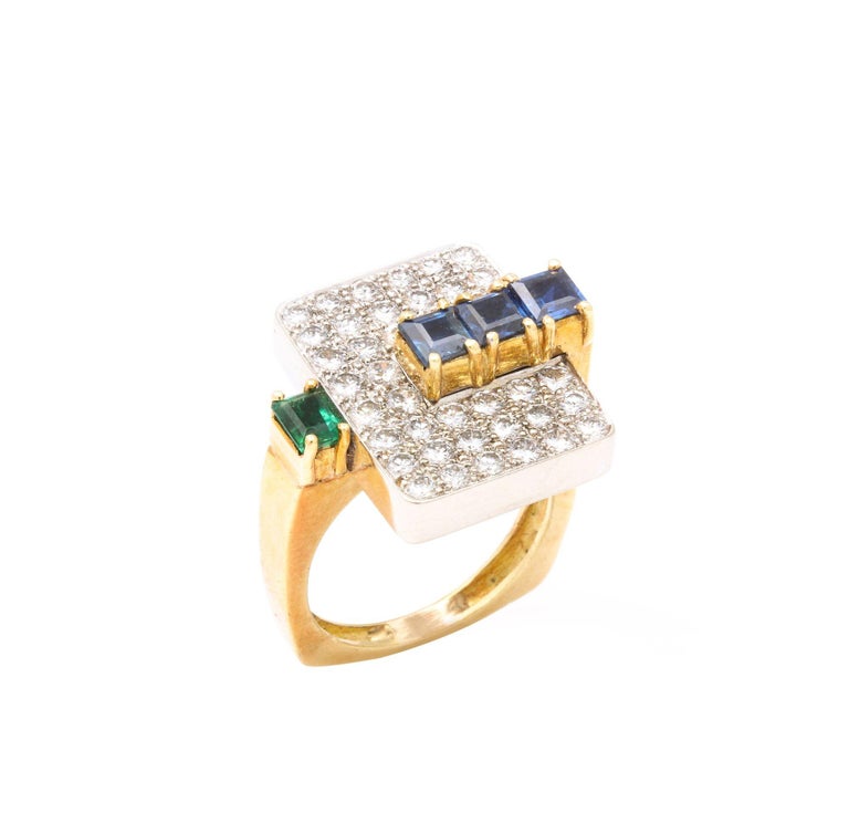 Pave Diamond Ring with Sapphire and Emerald Accents For Sale at 1stDibs