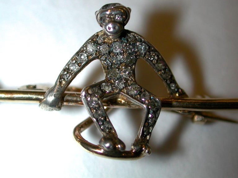 Gold and Silver Monkey Brooch Set with Diamonds, Dated circa 1900 at ...