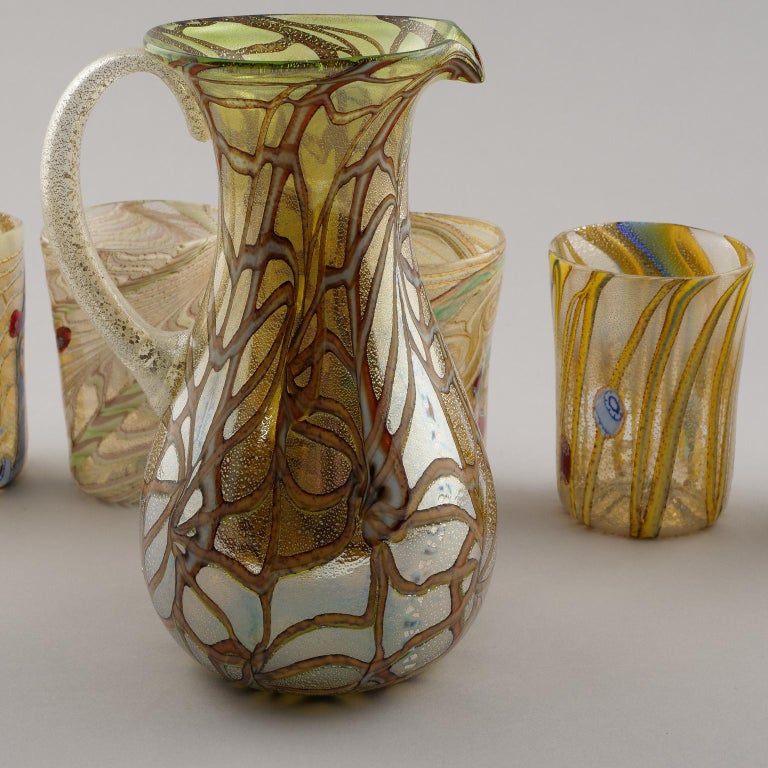 Gold and Silver Murano Glass Pitcher with Six Glasses at 1stDibs