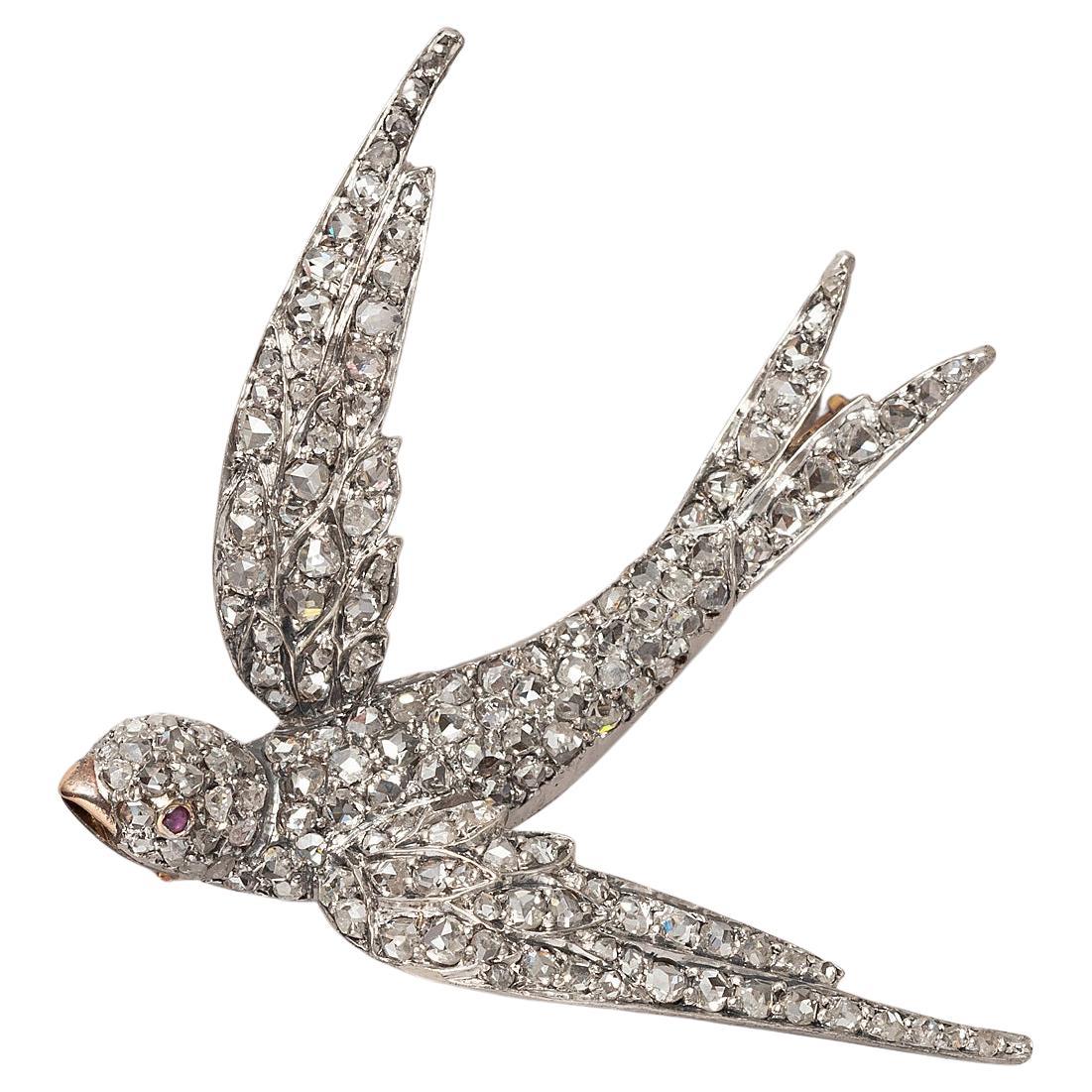 Victorian 2.10 Ct Rose cut Diamond Rare Swallow Brooch For Sale at 1stDibs