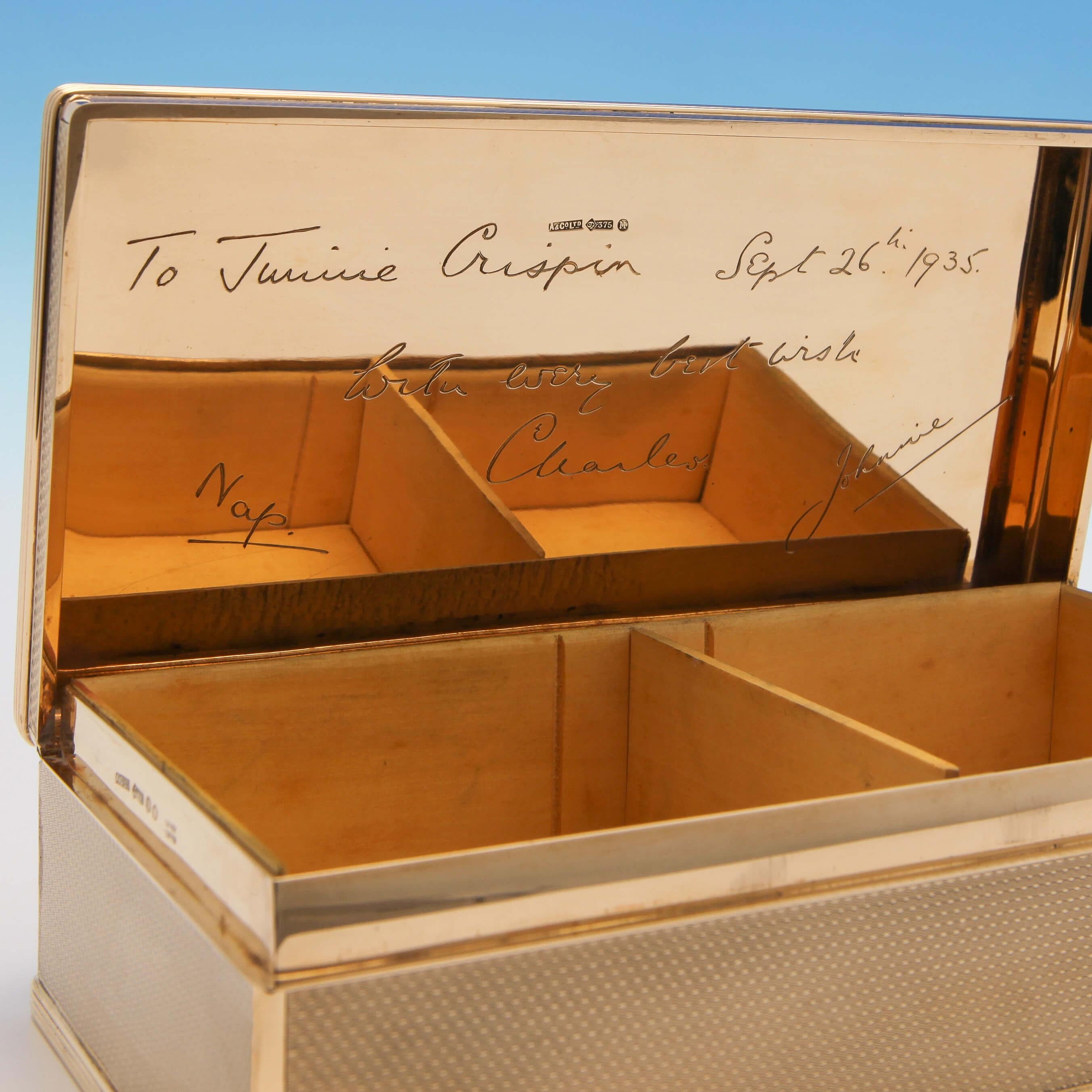 Art Deco 9 Carat Gold Cigar Box Made by Asprey and Co. in London 1928 ...