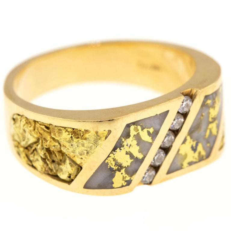 Natural Gold in Quartz, Gold Nugget, and Diamond 14 Karat Gold Men’s ...