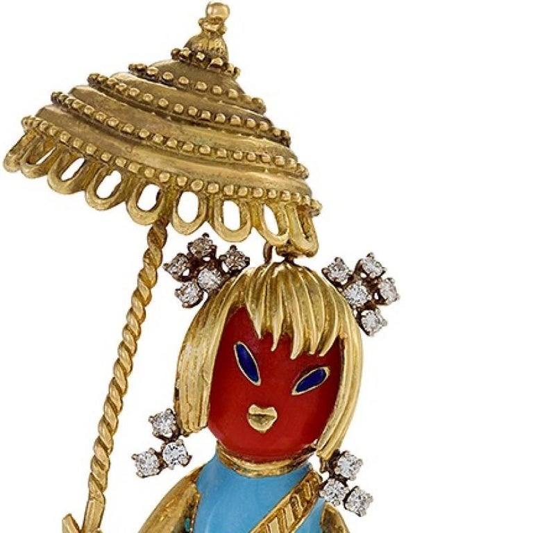 Gold Brooch with Diamonds and Coral, Attributed to Donald Claflin for ...