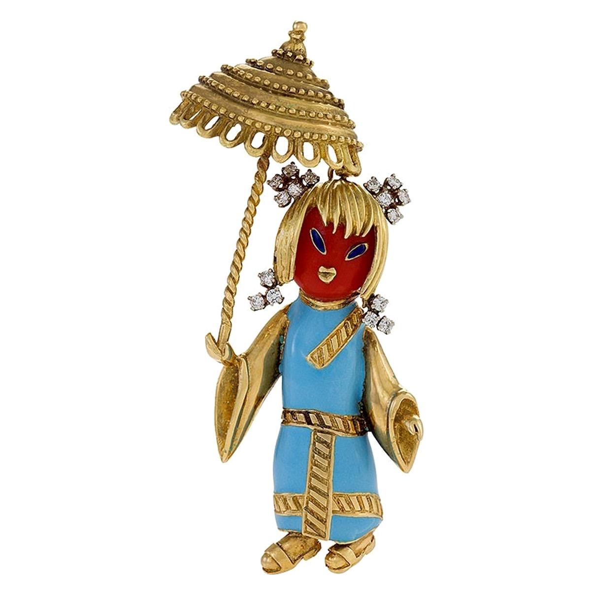 Gold Brooch with Diamonds and Coral, Attributed to Donald Claflin for ...