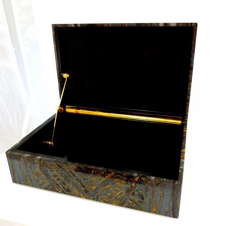 Gold Brown Tiger Iron Decorative Jewelry Gemstone Box with Black Marble ...