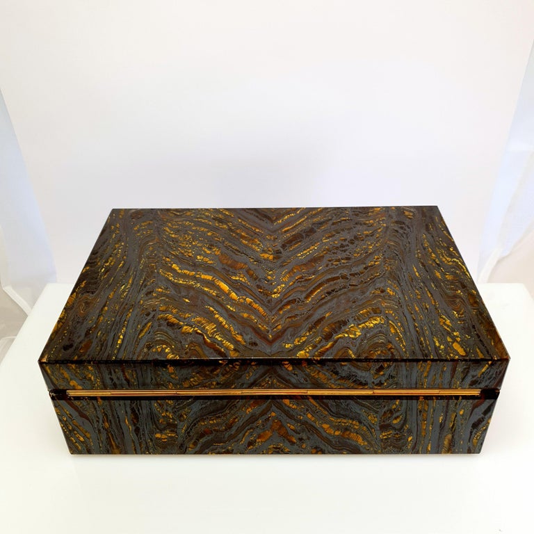 Gold Brown Tiger Iron Decorative Jewelry Gemstone Box with Black Marble ...
