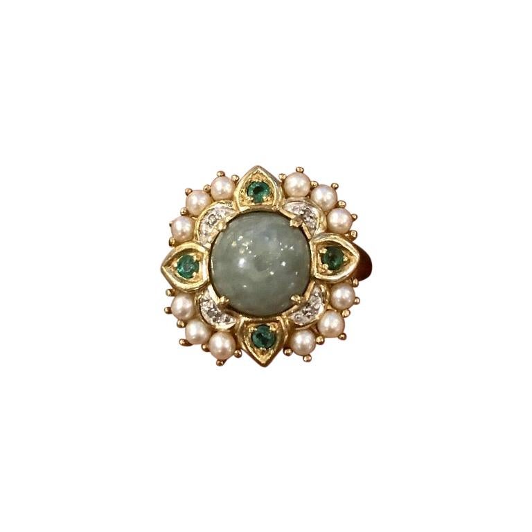 Gold Cocktail Ring with Moon Stone, Pearls, Diamonds and Emeralds at ...