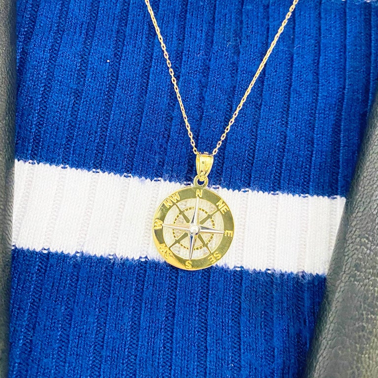 Gold Compass Necklace, 14 Karat Yellow White Gold, Journey to Follow ...