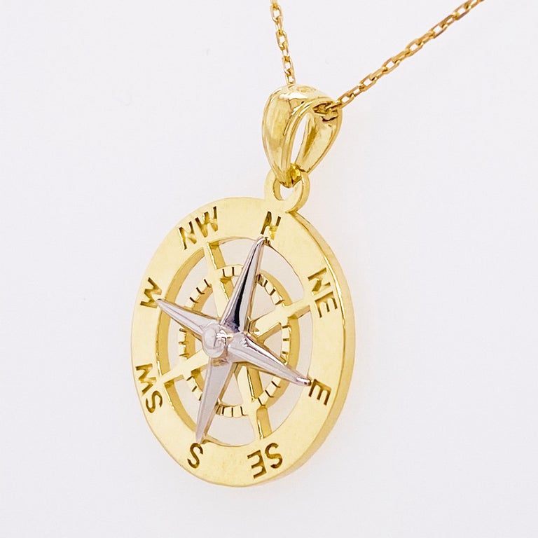 Gold Compass Necklace, 14 Karat Yellow White Gold, Journey to Follow ...