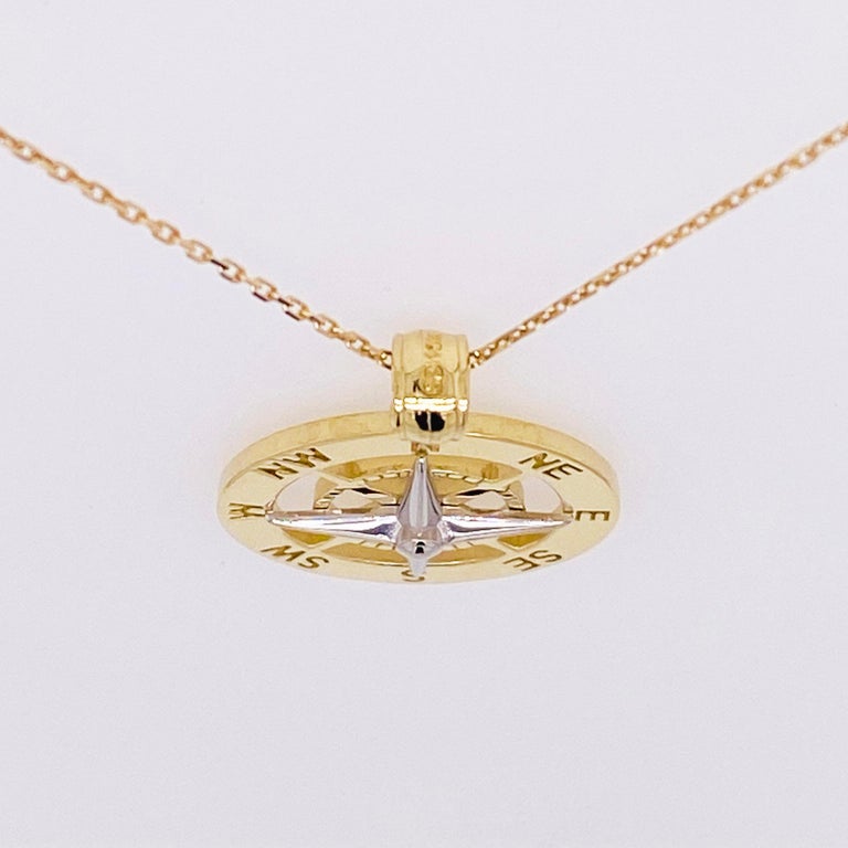Gold Compass Necklace, 14 Karat Yellow White Gold, Journey to Follow ...