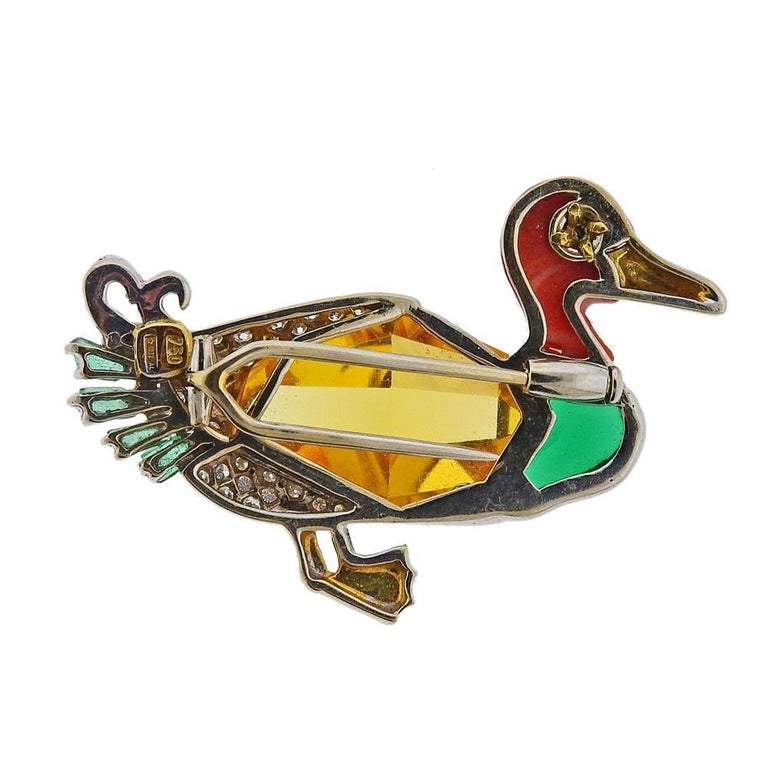 Gold Coral Diamond Emerald Citrine Duck Brooch Pin at 1stDibs