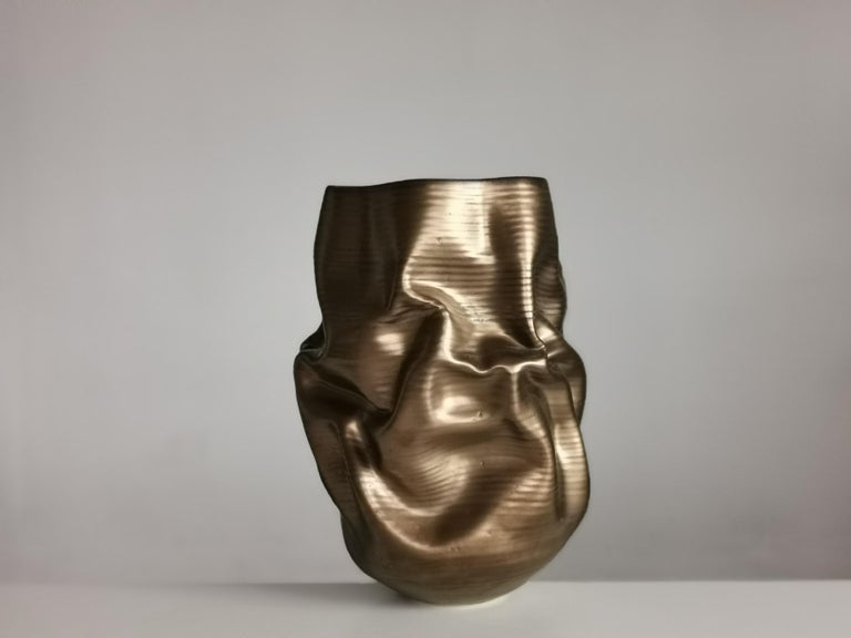 Gold Crumpled Form, Unique Ceramic Sculpture Vessel N.76 at 1stDibs