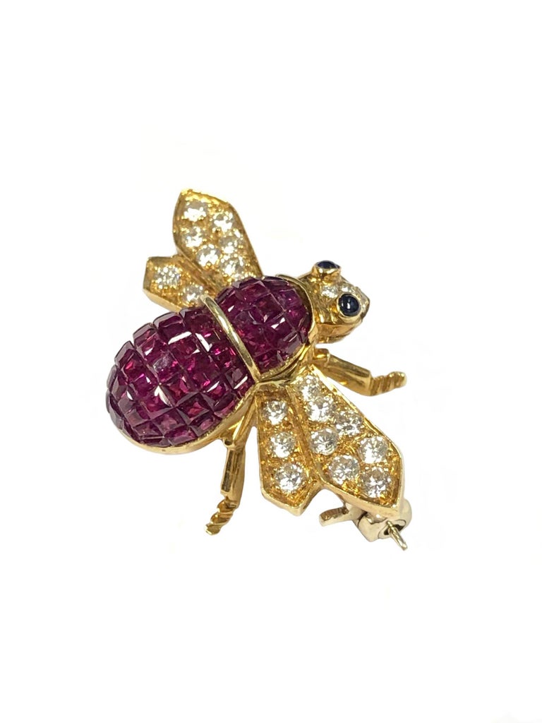 Gold Diamond and Invisible Set Ruby Bee Brooch at 1stDibs
