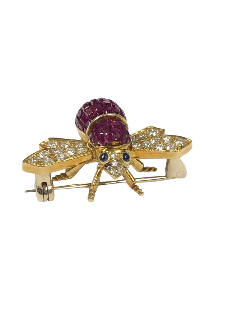Gold Diamond and Invisible Set Ruby Bee Brooch at 1stDibs