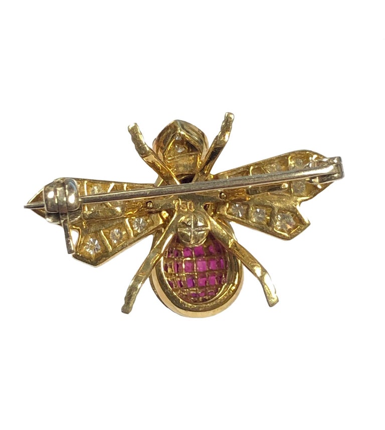 Gold Diamond and Invisible Set Ruby Bee Brooch at 1stDibs