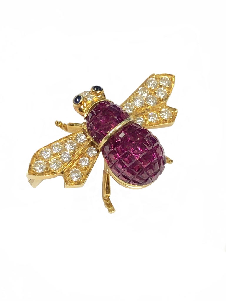 Gold Diamond and Invisible Set Ruby Bee Brooch at 1stDibs