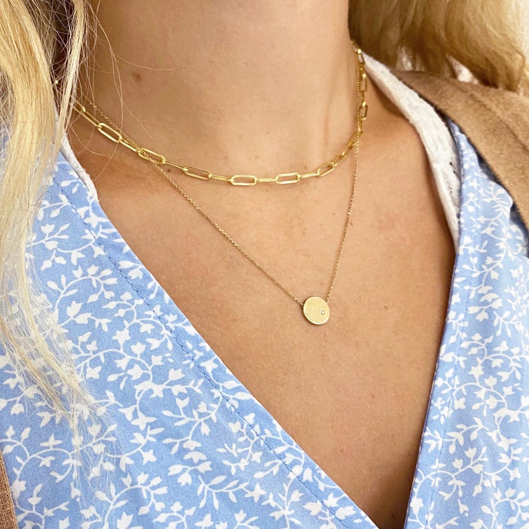 Gold Diamond Disk Necklace 14 Karat Gold Round Diamond Accent Engraving ...