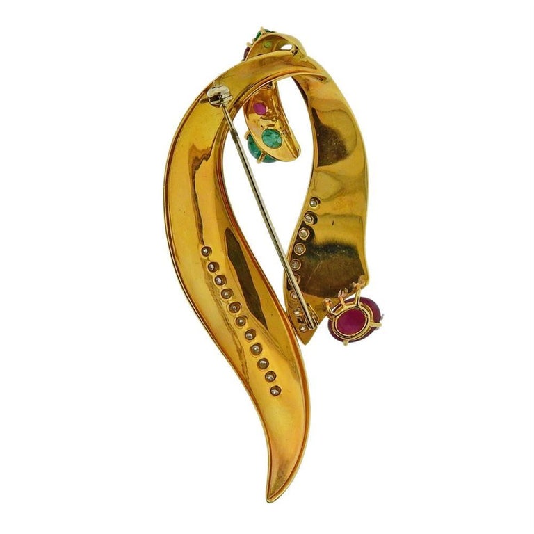 Gold Diamond Emerald Ruby Brooch Pin For Sale at 1stDibs