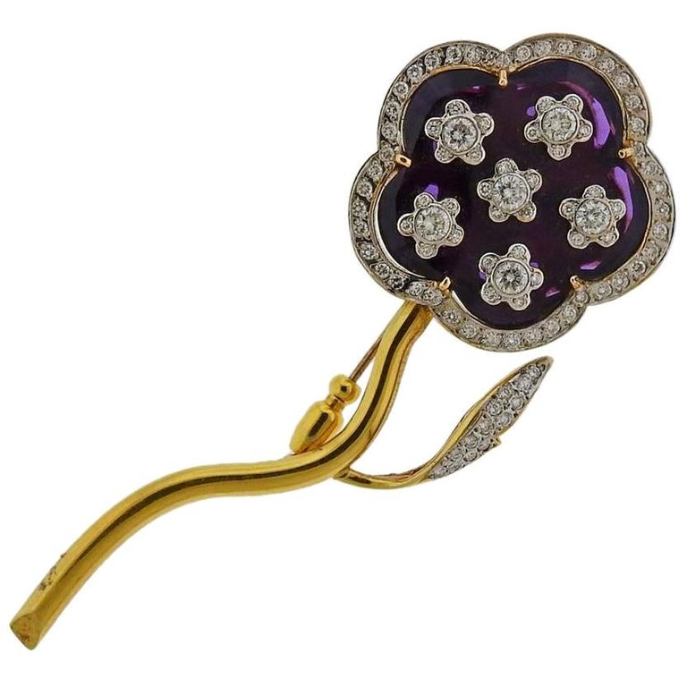 Gold Diamond Enamel Large Flower Brooch For Sale at 1stDibs